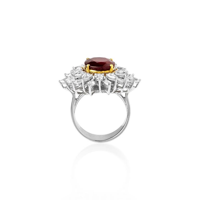 6 Carats Natural Ruby Solitaire Ring Surrounded with 2.97 Carats D to F ...