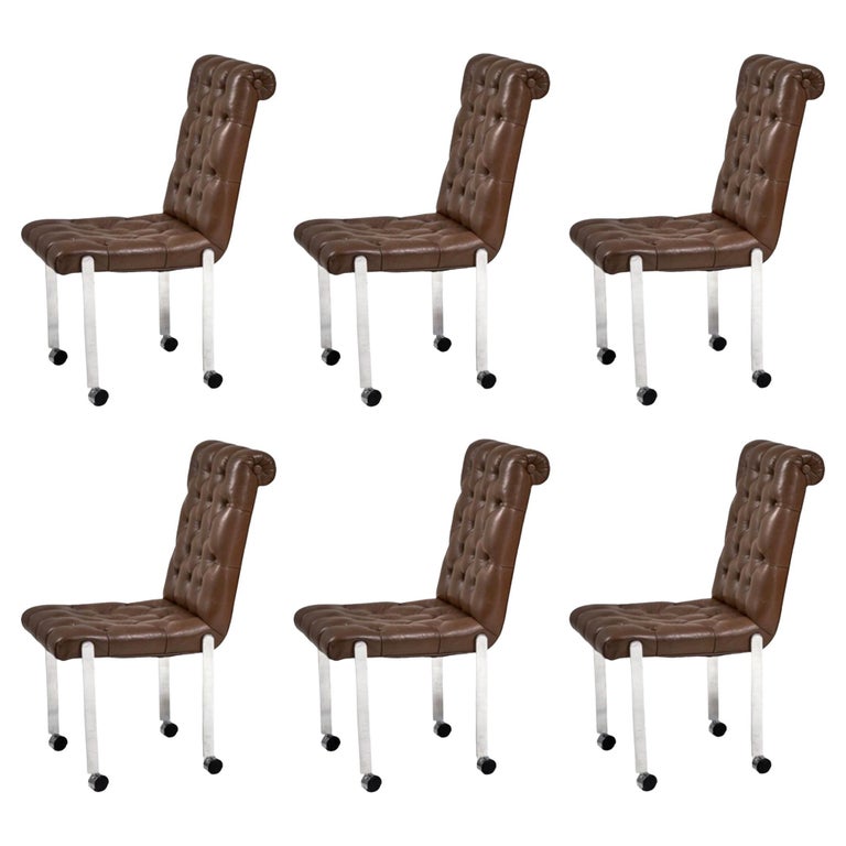 6 Leather Tufted Dining Chairs on Casters, 1970 For Sale at 1stDibs