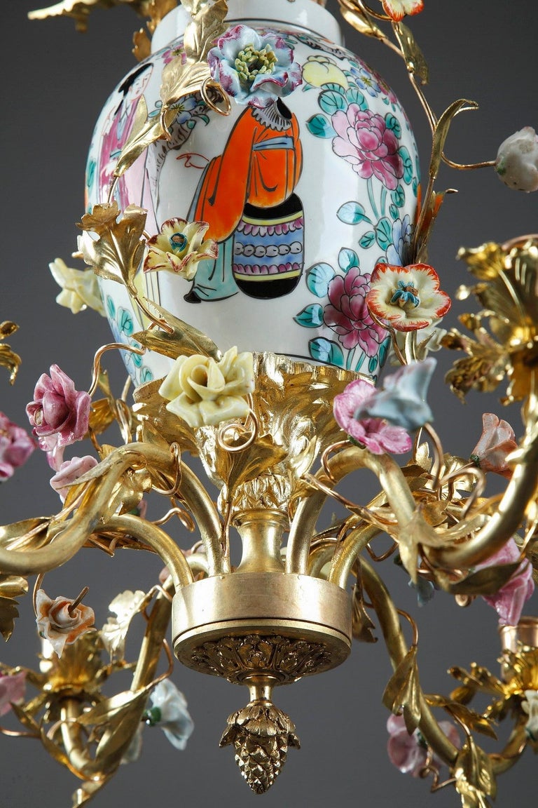 6-Lights Porcelain and Bronze Chandelier with Chinese Decoration at 1stDibs