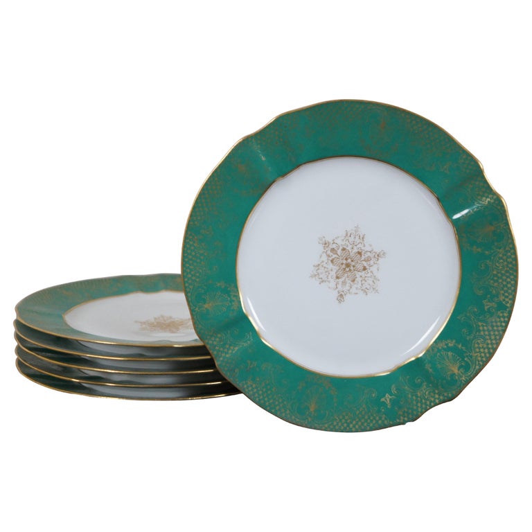 6 M Redon Limoges La Porcelain Limousine Green Gold Salad Lunch Plates ...