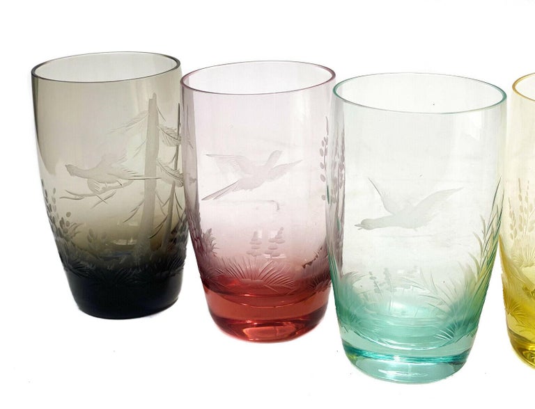 6 Moser Multi-Colored Art Glass Tumbler Goblets in Birds of the Wild ...