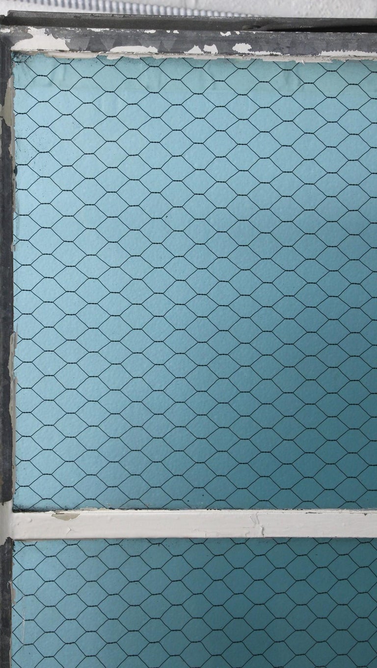 6 Pane Blue Chicken Wire Glass Iron Industrial Window For Sale at 1stDibs