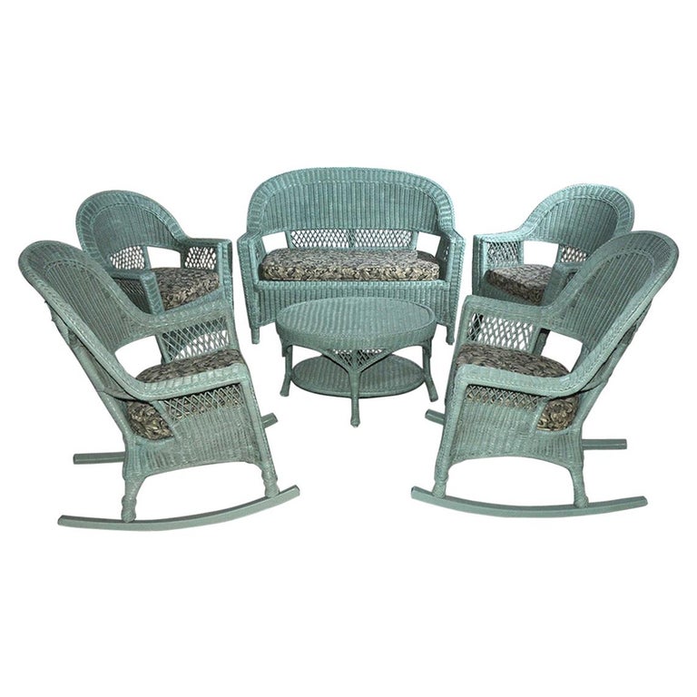 6 Piece Wicker Set, Sofa, 2 Chairs, 2 Rockers and Table at 1stDibs