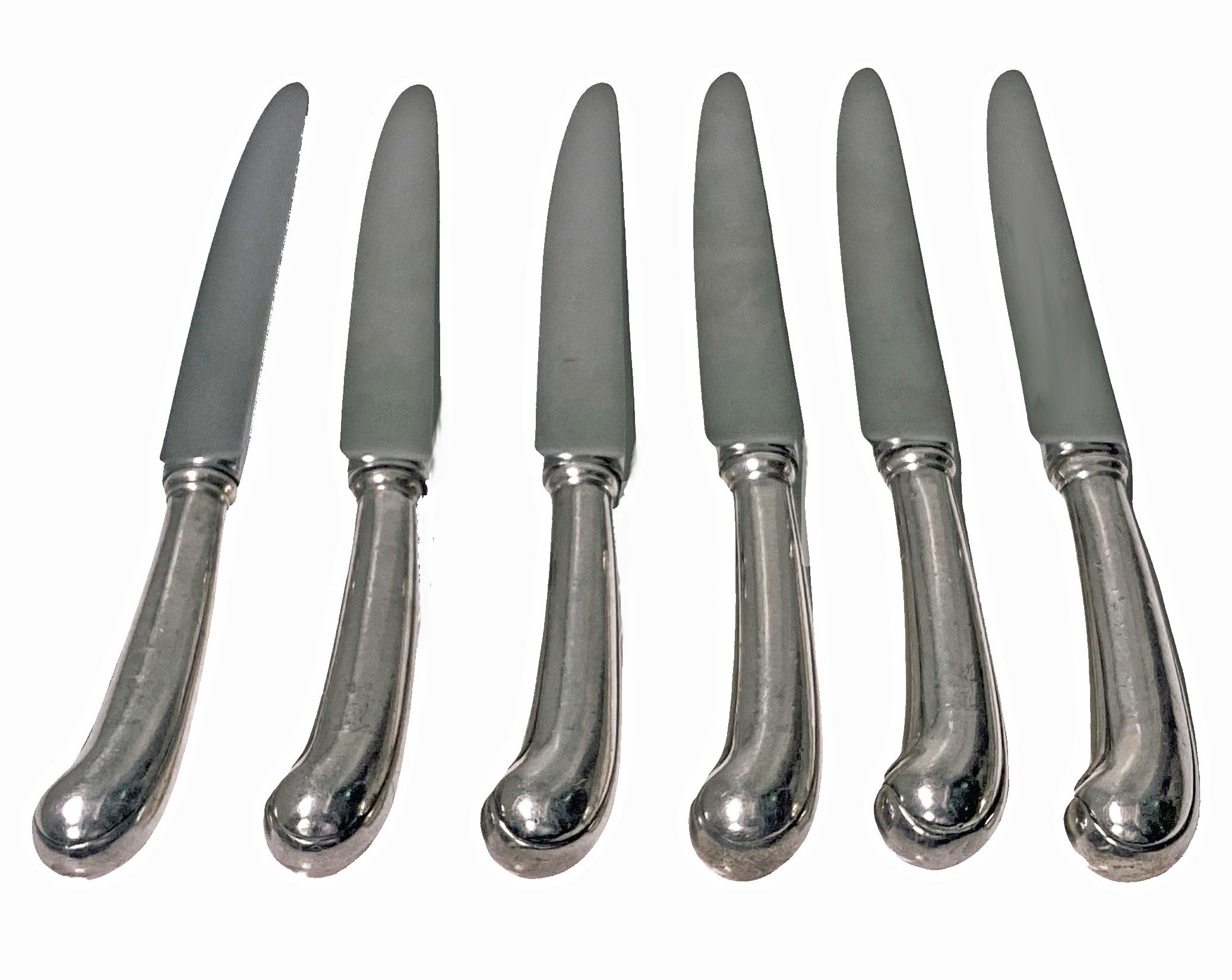 6 rare Georgian Pistol grip Knives, London C.1720, Britannia silver ...