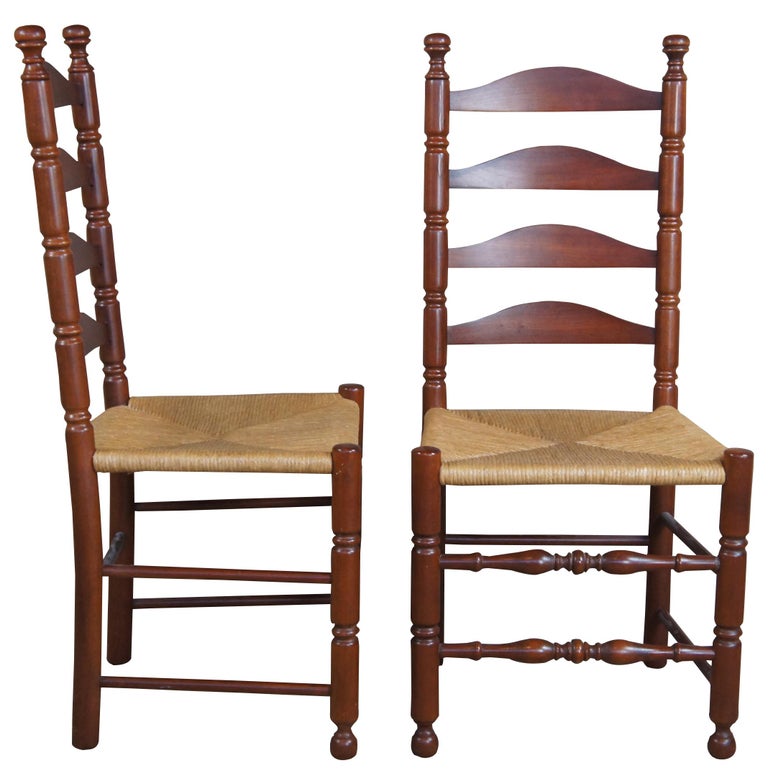 6 Vintage Amish Shaker Cherry Ladder Back Rush Dining Chairs Country ...