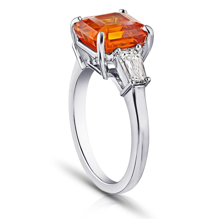6.01 Carat Square Emerald Cut Orange Sapphire and Diamond Ring For Sale at 1stDibs