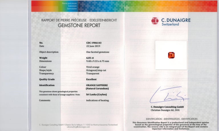 6.01 Carat Square Emerald Cut Orange Sapphire and Diamond Ring For Sale at 1stDibs