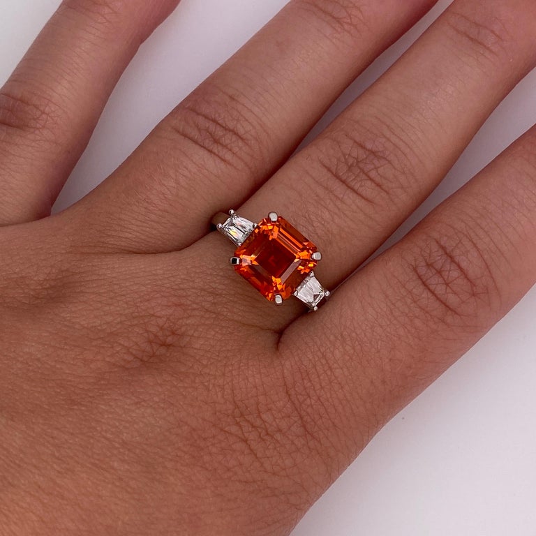 6.01 Carat Square Emerald Cut Orange Sapphire and Diamond Ring For Sale at 1stDibs