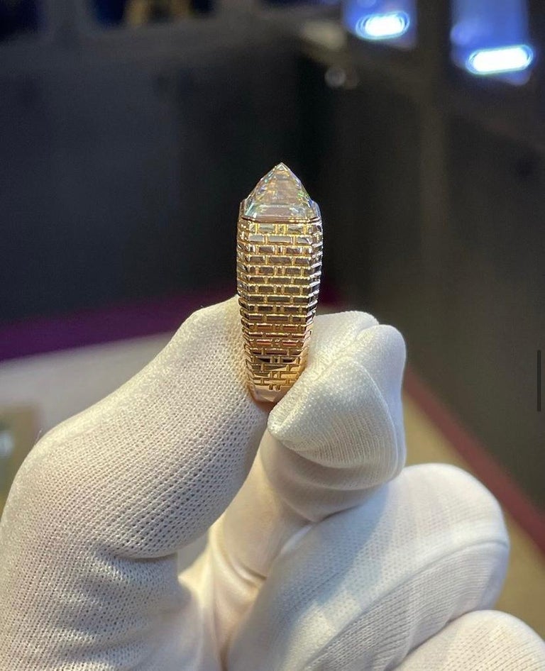 6.04 Carat Reverse Set Emerald Cut Diamond Pyramid Ring For Sale at ...