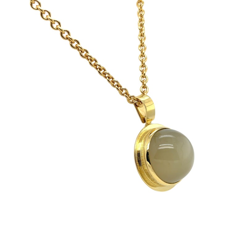 60.67 Carat Round Moonstone Cabochon Yellow Gold Bezel Pendant Chain ...
