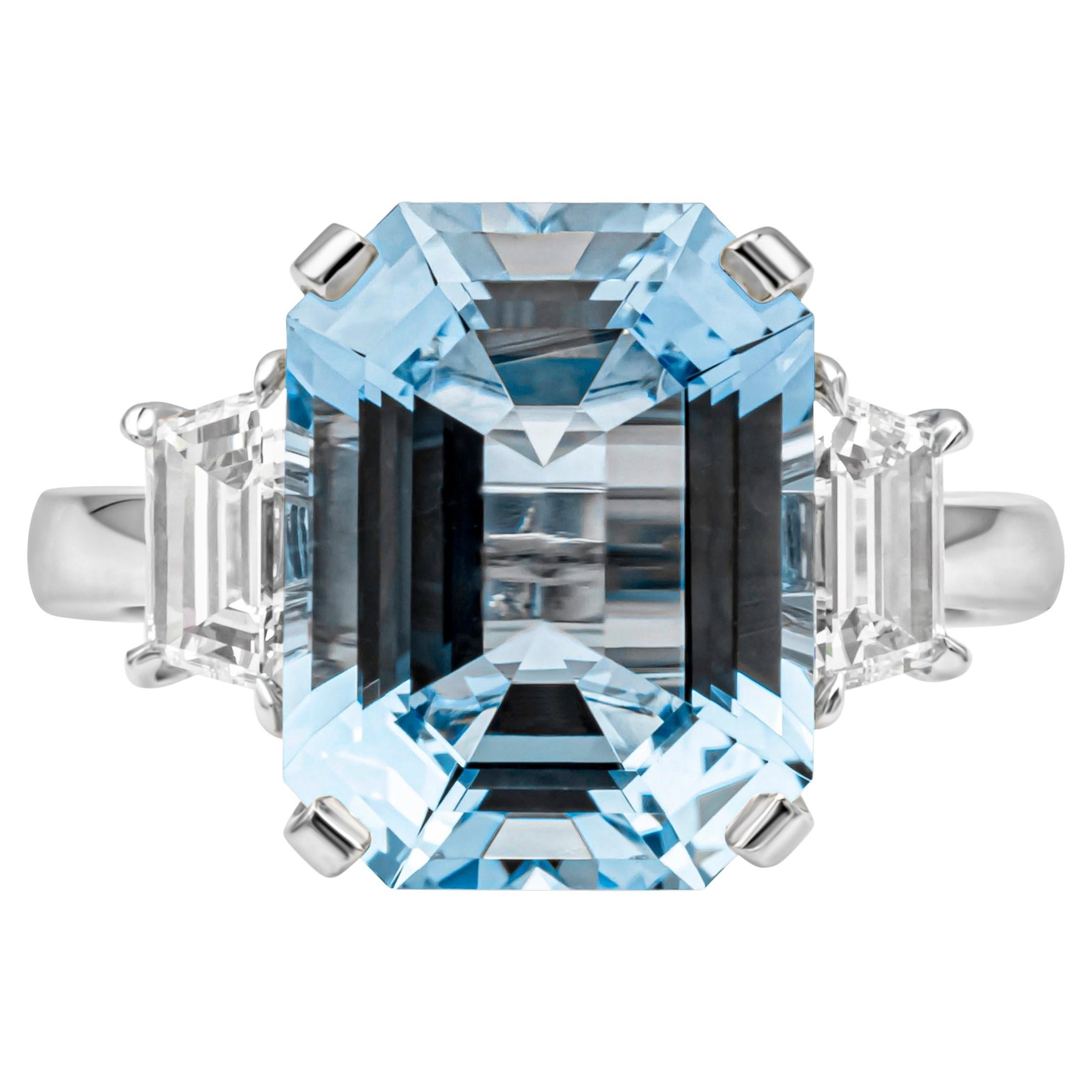 6.07 Carats Emerald Cut Blue Aquamarine and Diamond Three Stone ...