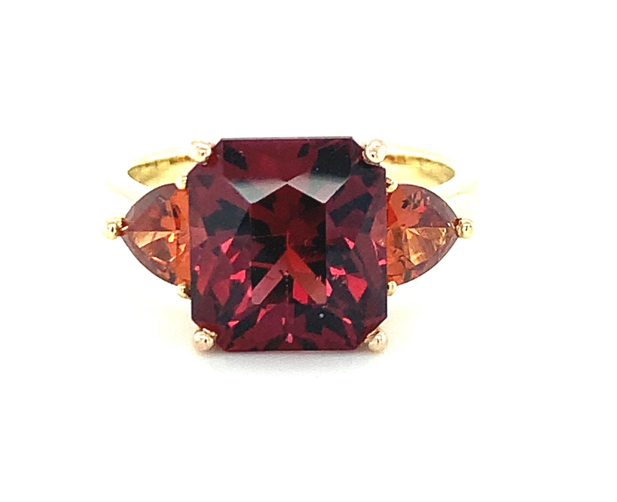 6 Carat Red Garnet and Trillion-Cut Spessartite Three-Stone Ring in ...