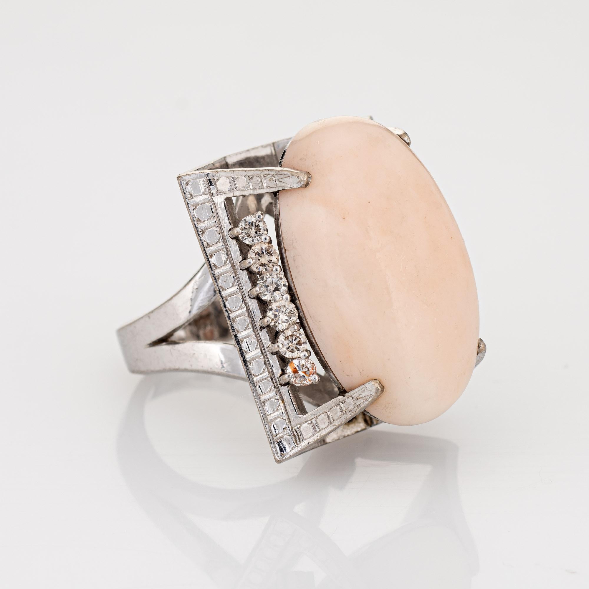 60s Angel Skin Coral Diamond Ring Vintage 14k White Gold Large Cocktail ...