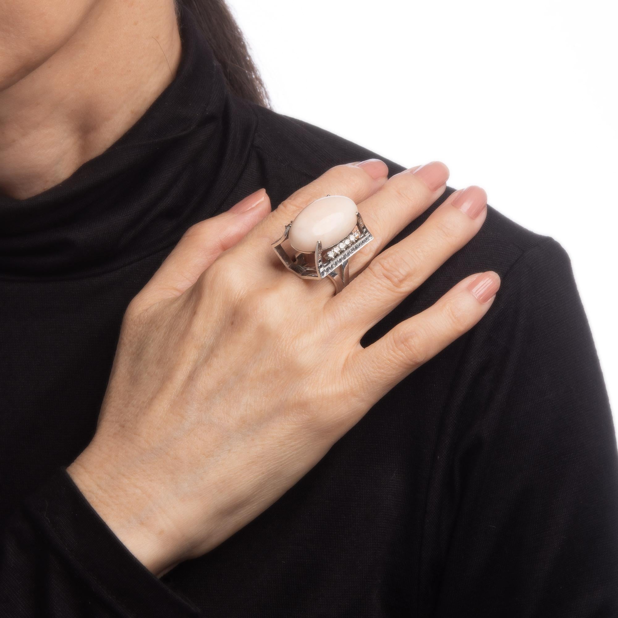 60s Angel Skin Coral Diamond Ring Vintage 14k White Gold Large Cocktail ...