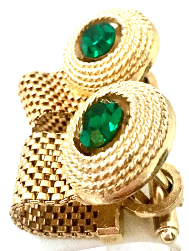 60'S Gold Plate Metal Mesh and Emerald Swarovski Crystal Cuff Links By ...