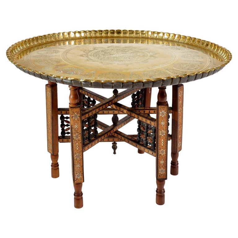 60s Middle Eastern Syrian Brass Tray Table Inlaid Folding Stand Moorish ...
