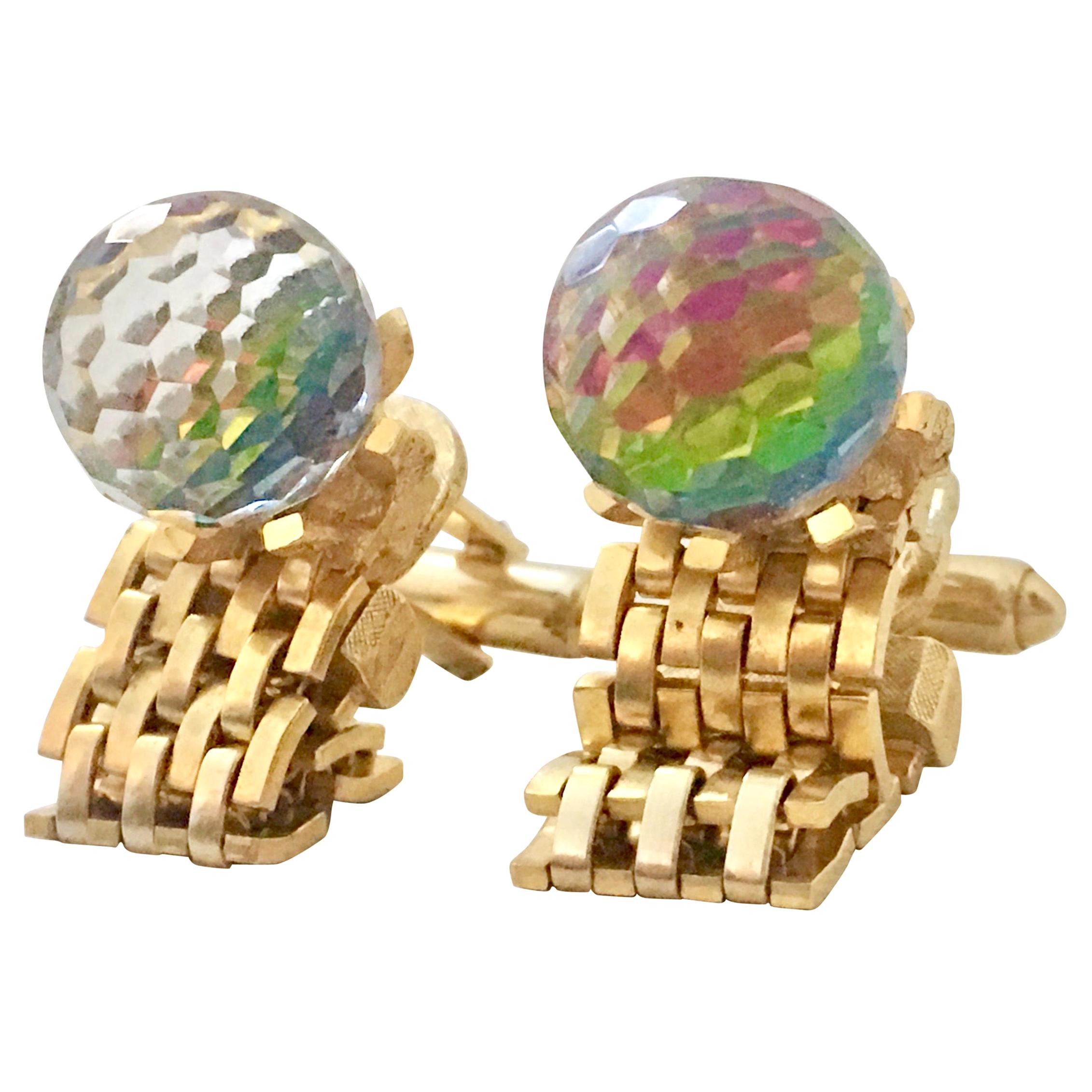 60'S Pair Of Gold Metal Mesh and Cut Crystal Ball Cuff Links By, Dante ...