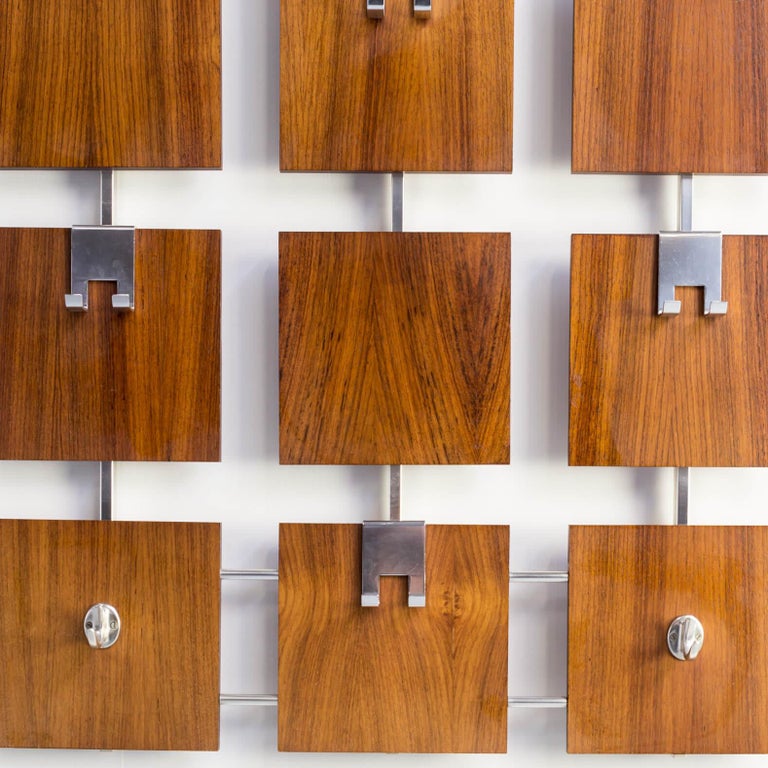 1960s Teak and Chrome Wall Mounted Coat Rack For Sale at 1stDibs