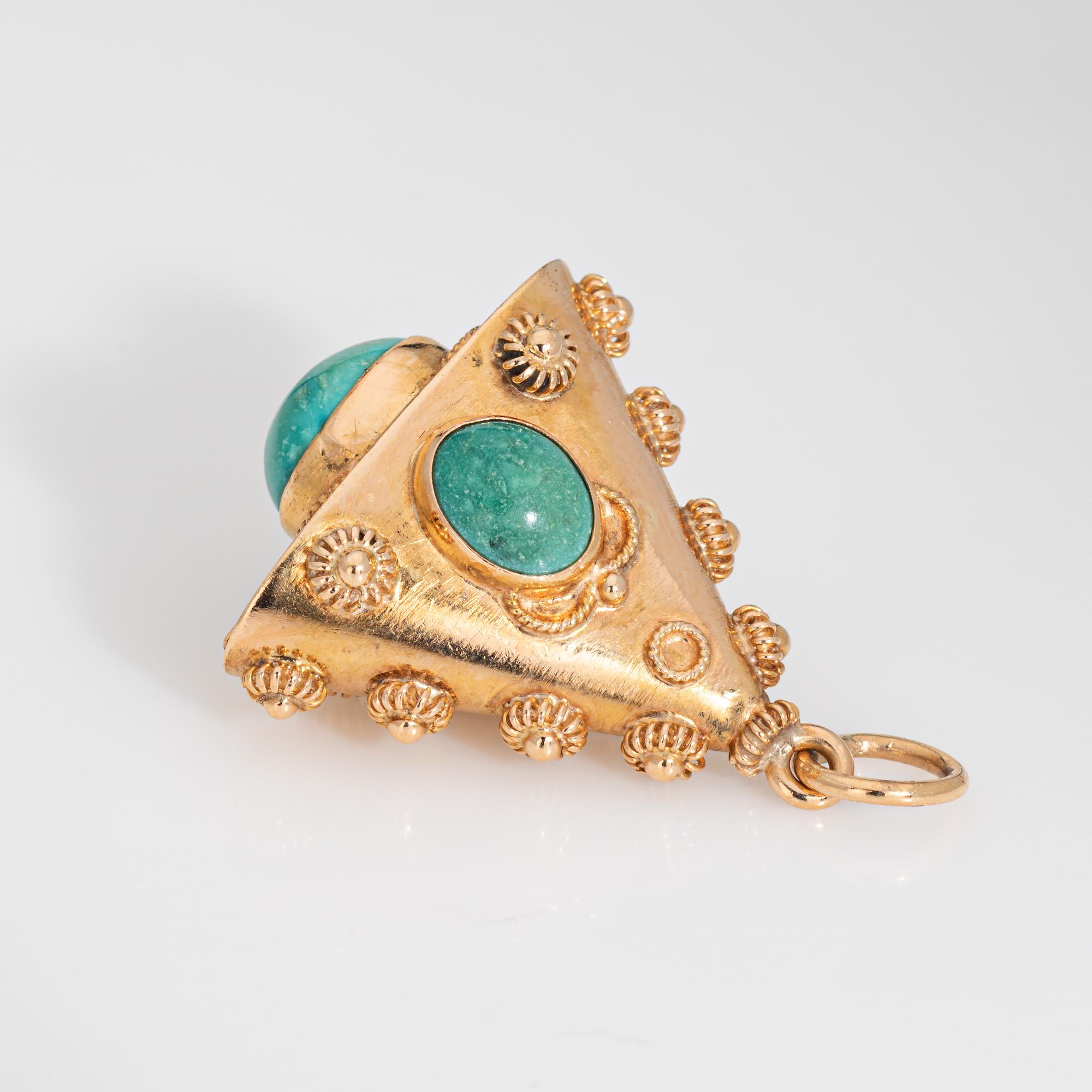 60s Turquoise Charm Vintage Etruscan Revival 18k Yellow Gold Triangle ...