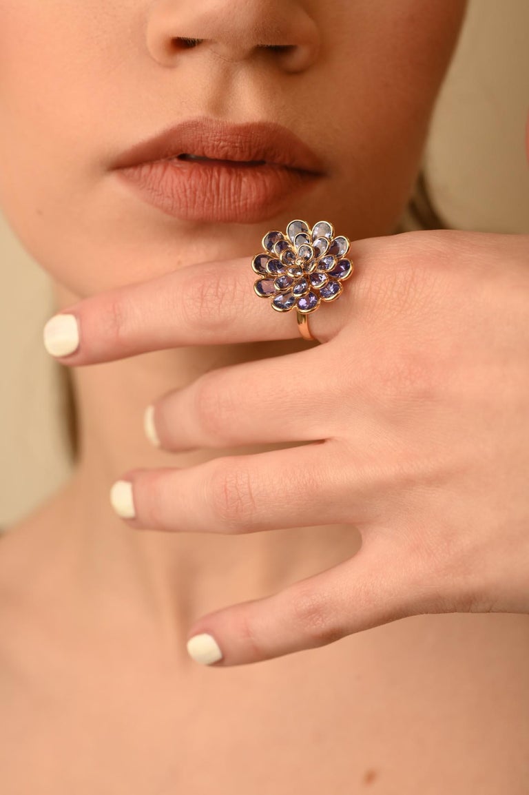 Customizable 6.26ct Tanzanite Flower Ring with Diamond in 18k Solid ...