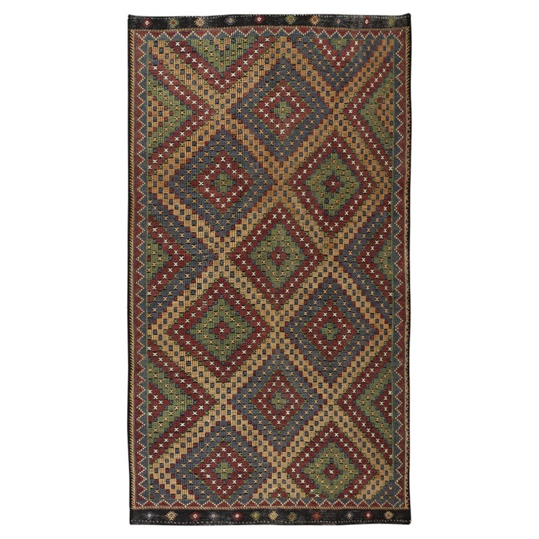 1970's Diamond Pattern Turkish Jajim Kilim, Unique Handmade Wool Rug ...