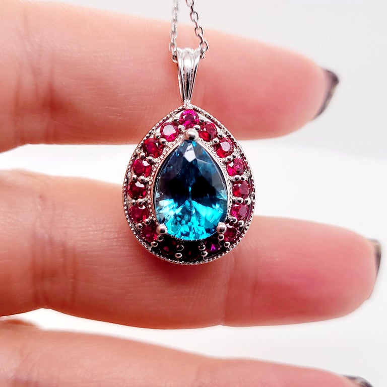 6.34cttw Ocean Blue Cambodian Zircon and Burma Ruby Pendant 14kt White ...