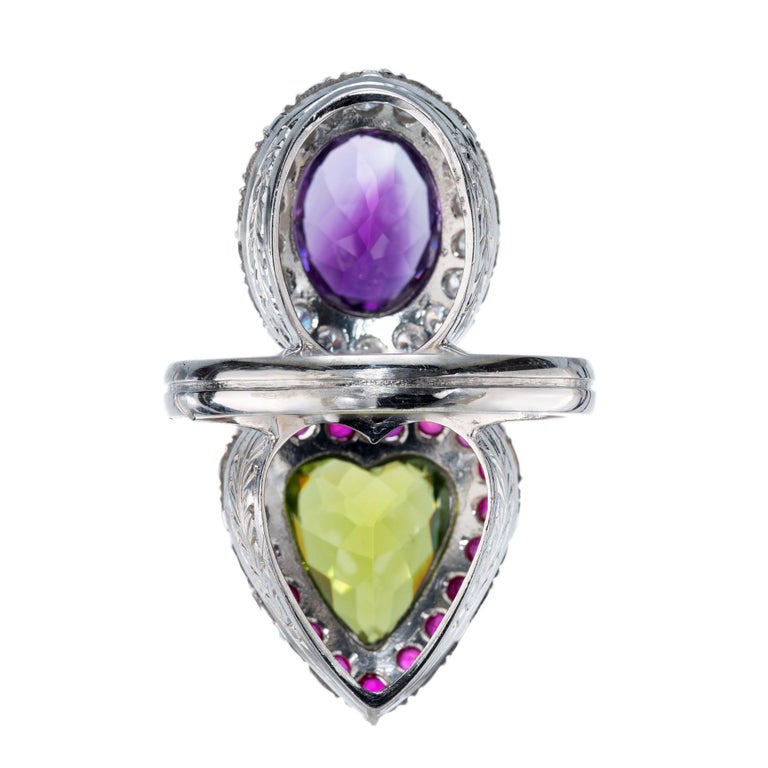 6.38 Carat Peridot Amethyst Ruby Diamond Platinum Cocktail Ring For ...