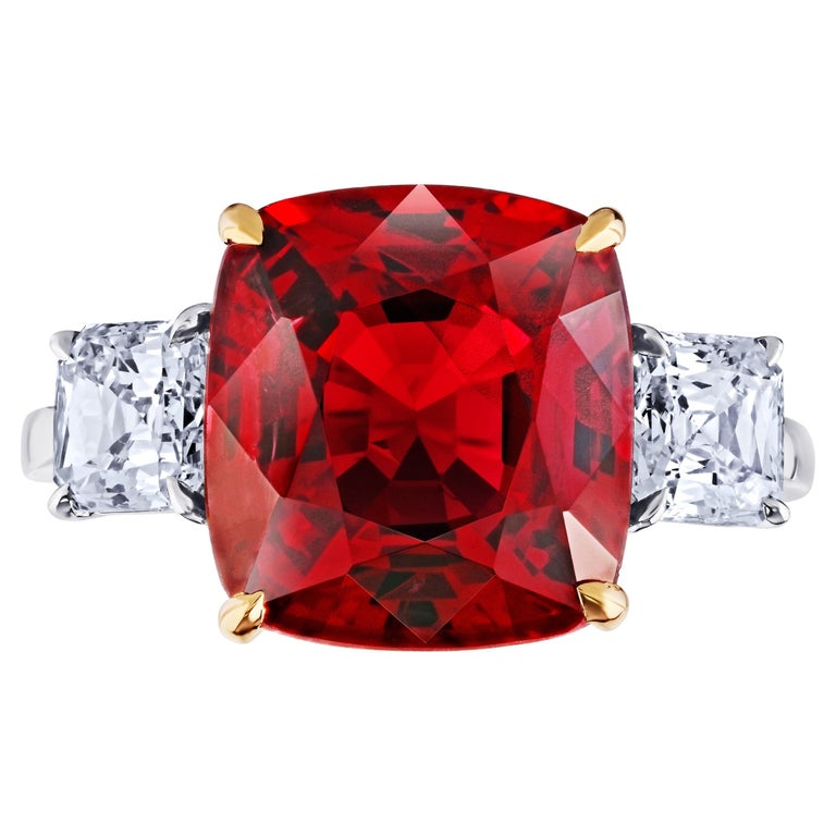 6.39 Carat Cushion Red Spinel and Diamond Platinum Ring For Sale at 1stDibs