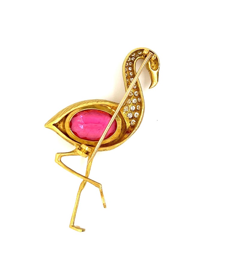 6.43ct Pink Tourmaline and Diamond Flamingo Brooch For Sale at 1stDibs