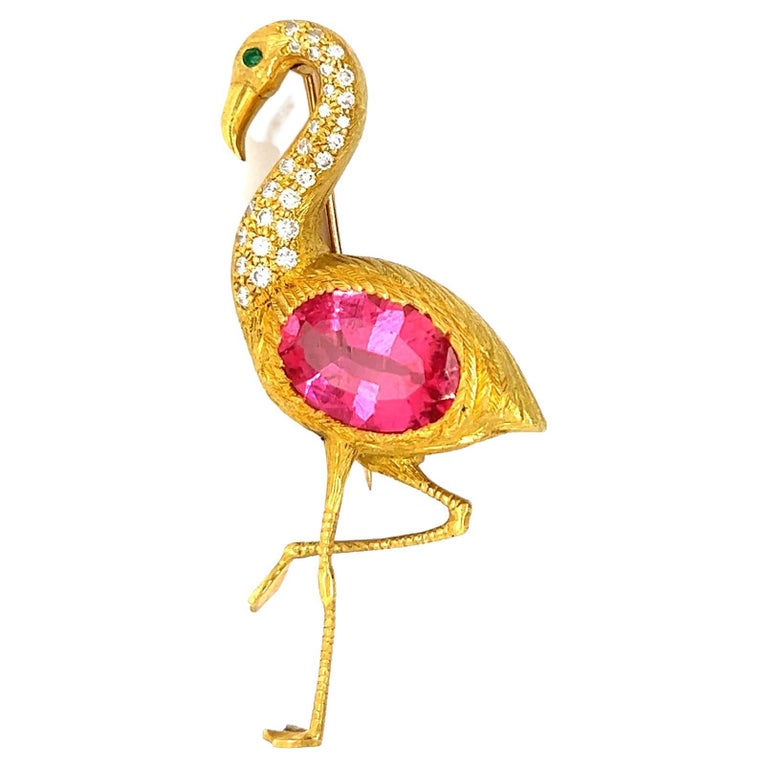 6.43ct Pink Tourmaline and Diamond Flamingo Brooch For Sale at 1stDibs
