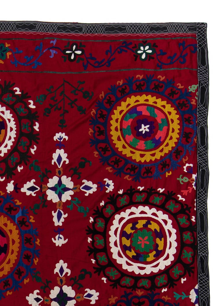 6.4x8.4 Ft Central Asian Suzani Textile, Embroidered Cotton and Silk ...