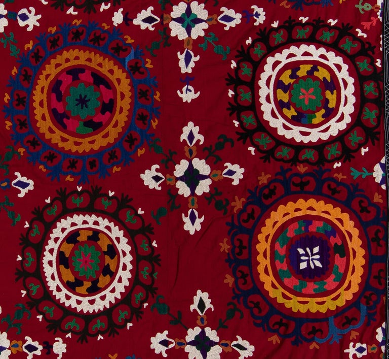 6.4x8.4 Ft Central Asian Suzani Textile, Embroidered Cotton and Silk ...