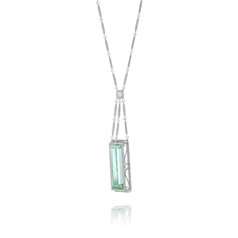 65 Carat Green Beryl and Diamond Platinum Pendant Necklace For Sale at ...