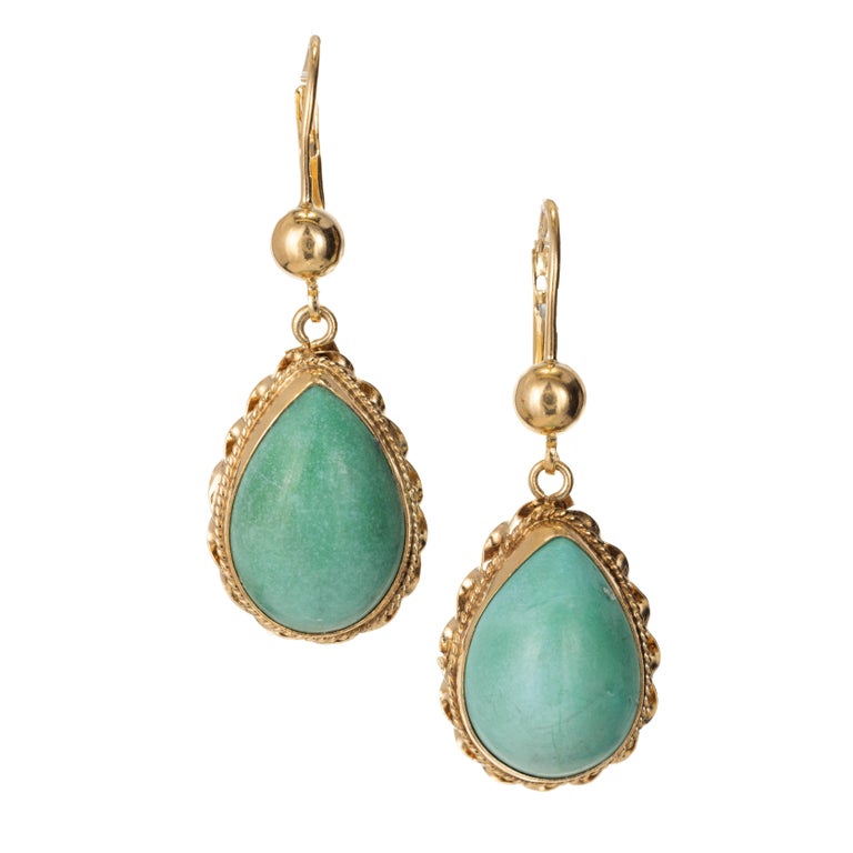 6.50 Carat Natural Pear Turquoise Yellow Gold Dangle Earrings at 1stdibs