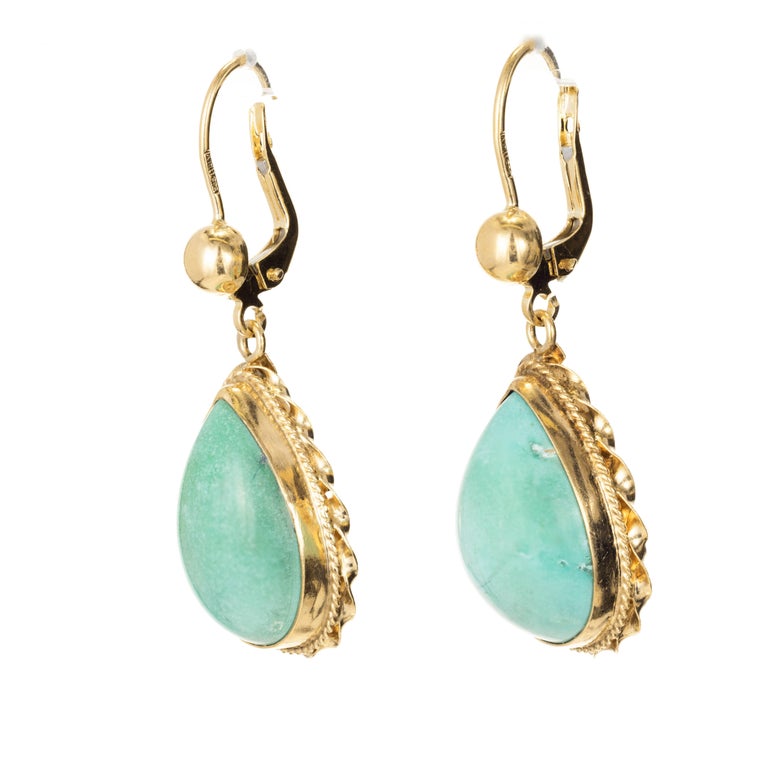 6.50 Carat Natural Pear Turquoise Yellow Gold Dangle Earrings at 1stdibs