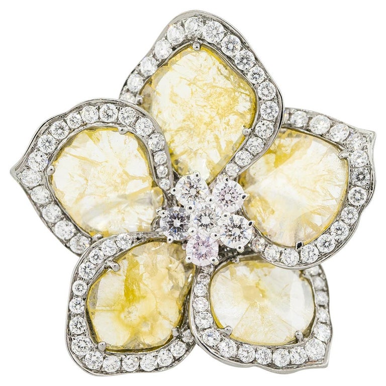 6.53 Carat Rough Cut Diamond Flower Ring 18 Karat in Stock For Sale at ...