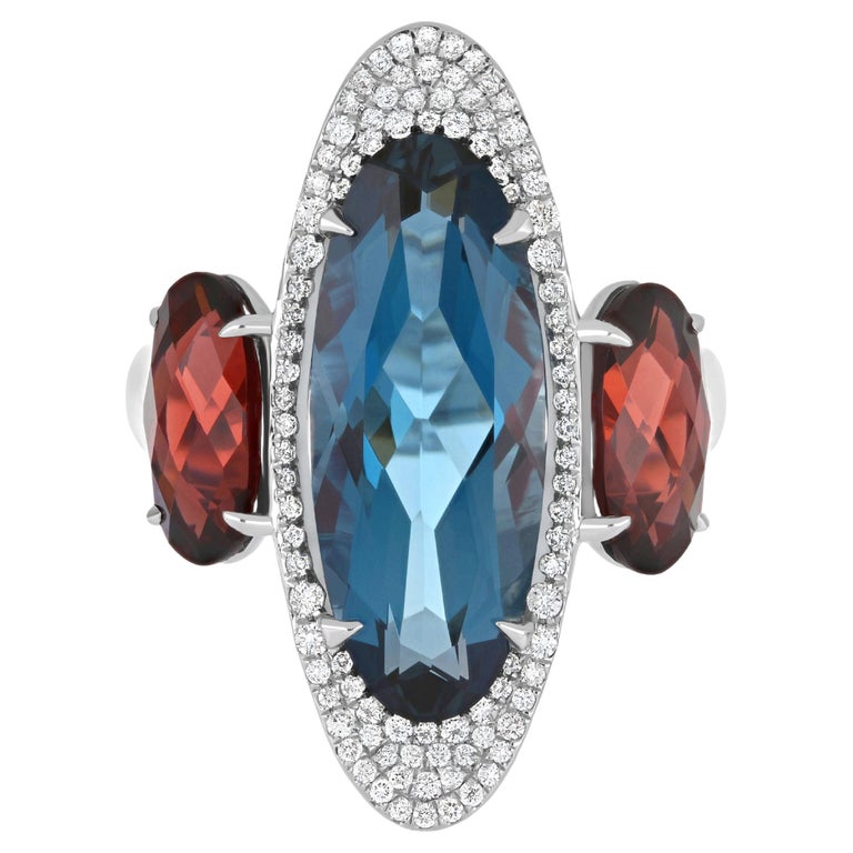 6.58Cts London Blue Topaz, Garnet and Diamond 14Karat White Gold Party ...