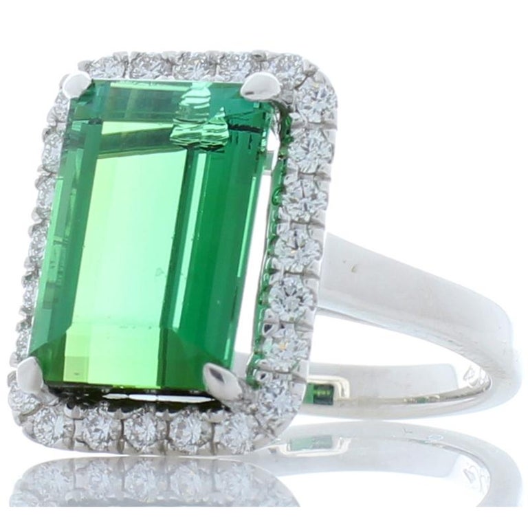 6.60 Carat Emerald Cut Green Tourmaline and Diamond Cocktail Ring in 18 ...