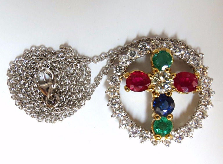 6.65 Carat Natural Ruby Emerald Sapphire Diamonds Cross 14 Karat at 1stDibs