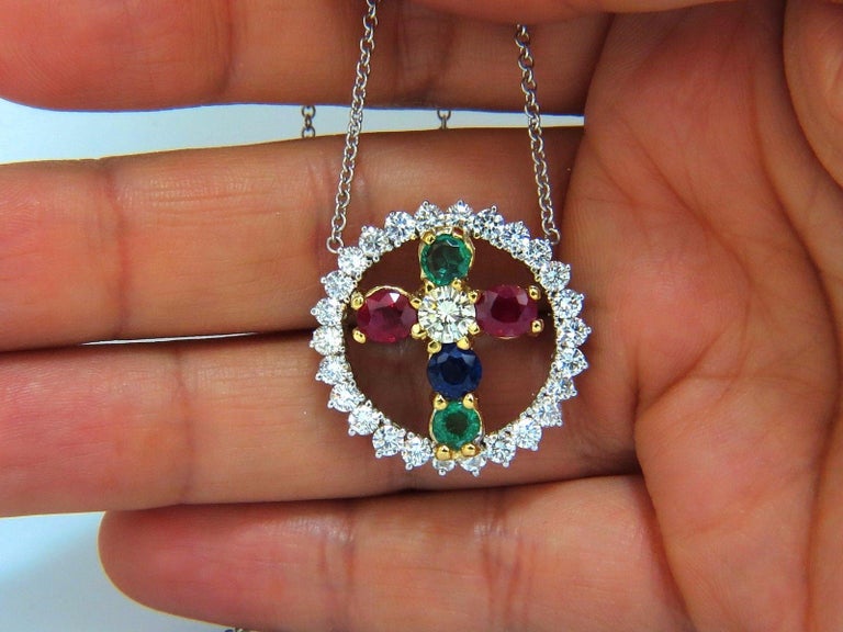 6.65 Carat Natural Ruby Emerald Sapphire Diamonds Cross 14 Karat at 1stDibs