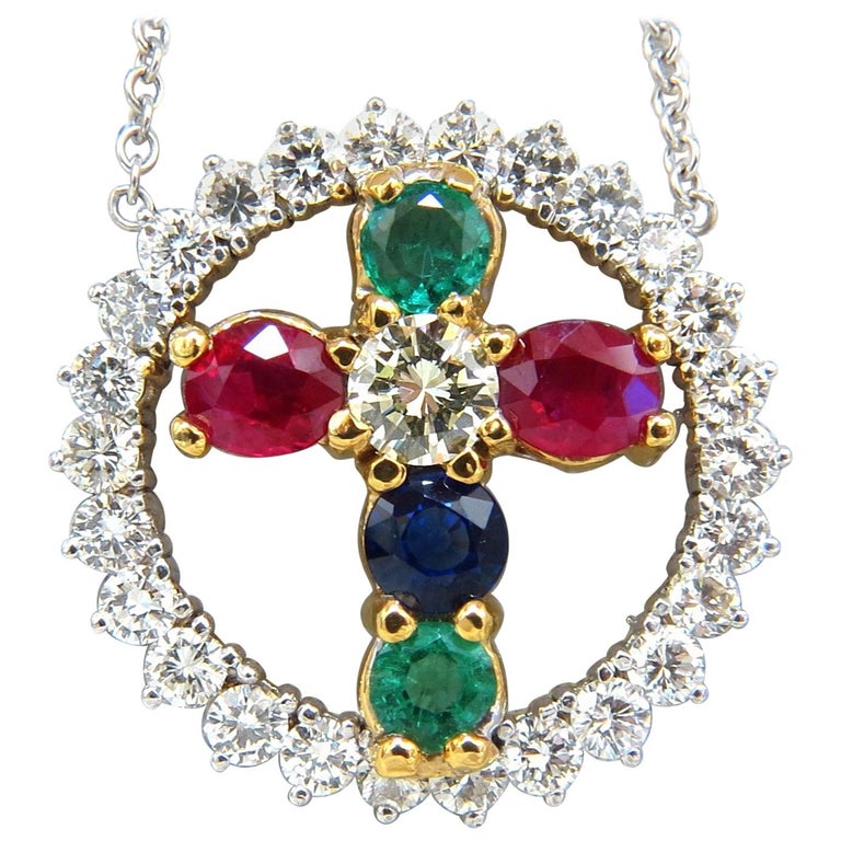 6.65 Carat Natural Ruby Emerald Sapphire Diamonds Cross 14 Karat at 1stDibs