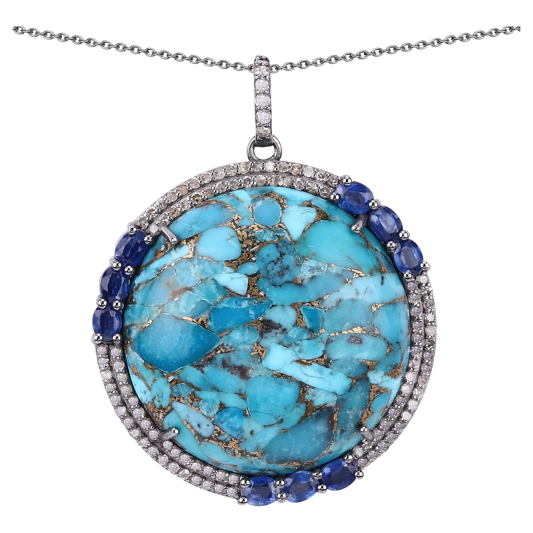 Taxco Mexico Sterling Silver Turquoise Textured Pendant For Sale at 1stDibs