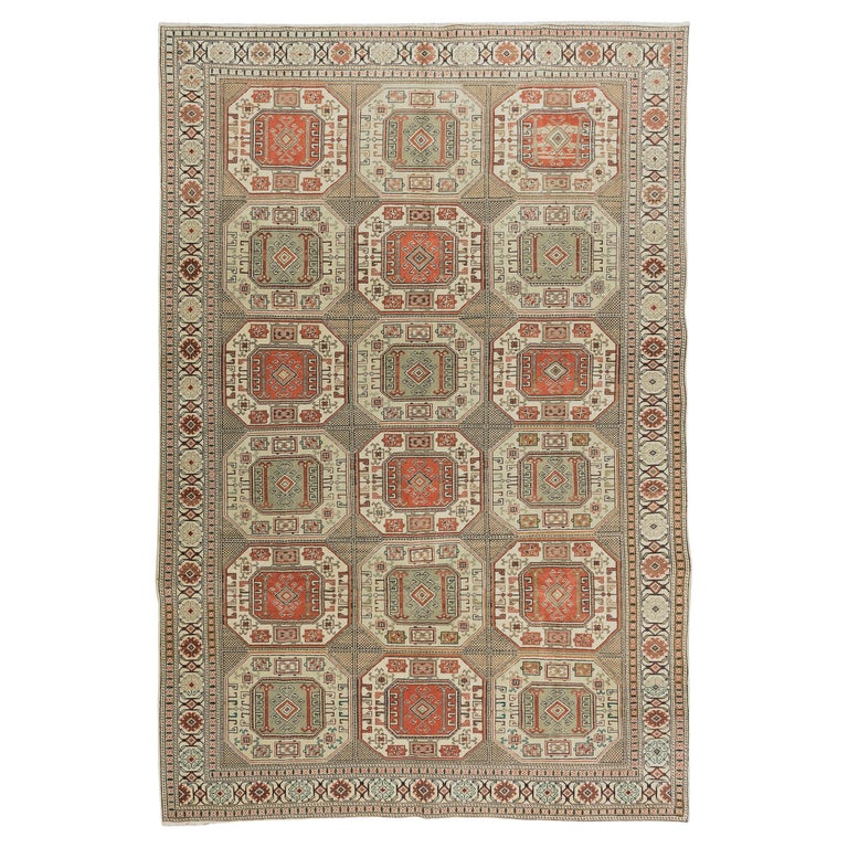6.6x9.7 Ft 1960's Handmade Kysari Rug, Muted Colors, Geometric and ...