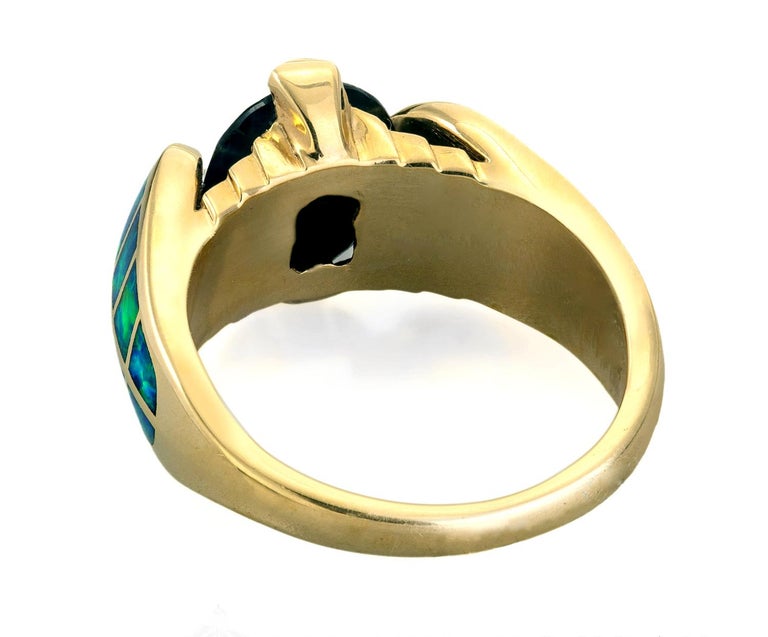 6.75 Carat Black Sapphire and Australian Opal Inlay "Hawk Feather" Gold ...