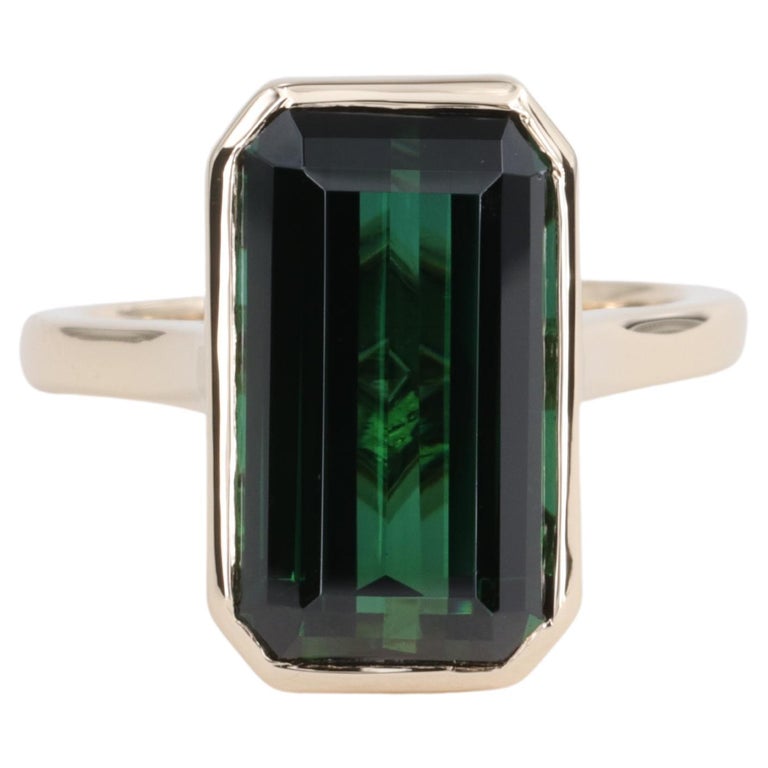 6.78 Carat Green Tourmaline Emerald Cut Bezel Set Yellow Gold Ring For ...