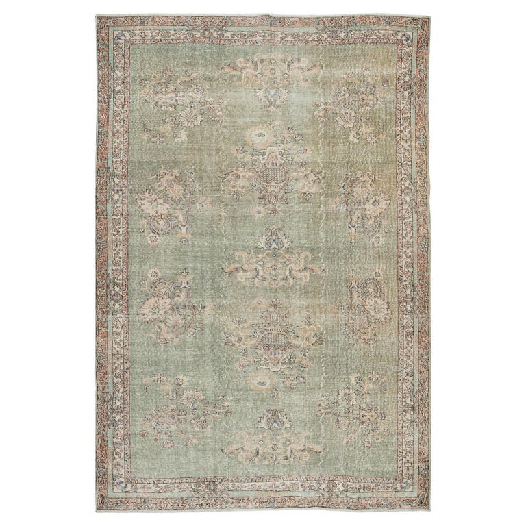 Vintage Floral Pattern Handmade Turkish Area Rug in Shades of Green For ...