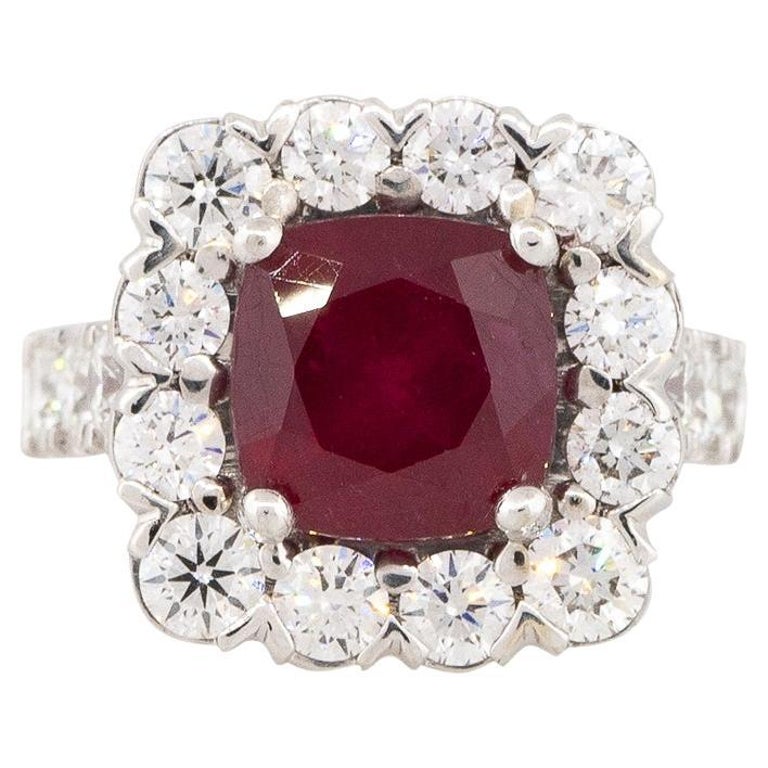 6.80 Carat Ruby and Diamond Halo Ring Platinum In Stock For Sale at 1stDibs