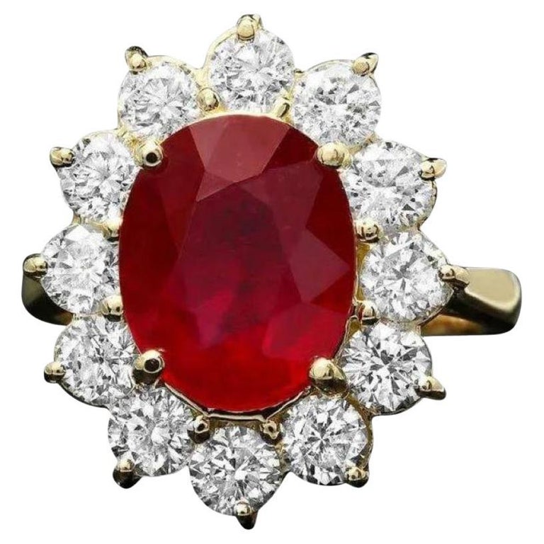 6.80 Carats Natural Red Ruby and Diamond 14K Solid Yellow Gold Ring For ...