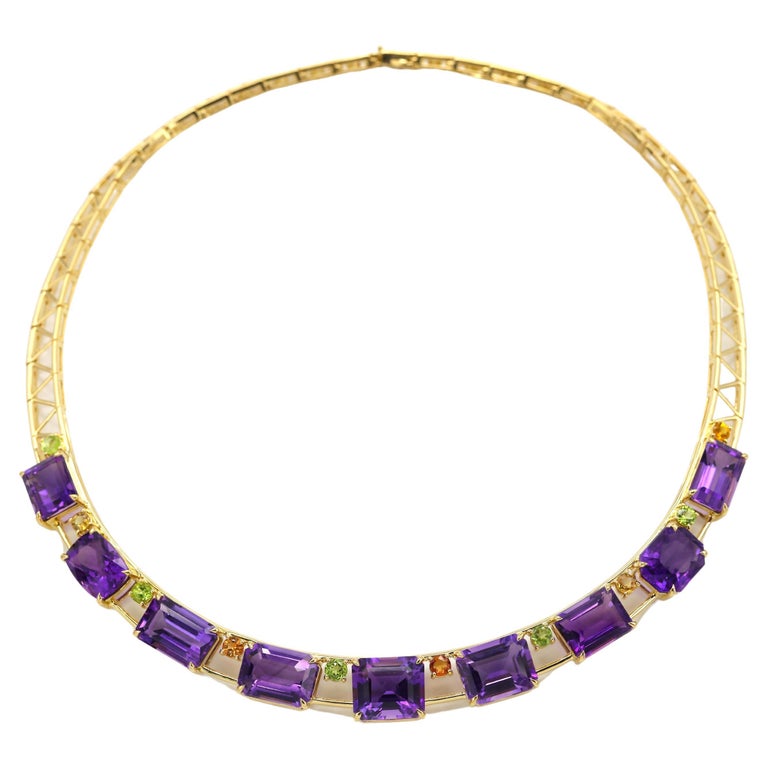68.74 Ct Amethyst Orange Sapphire Peridot 18K Yellow Gold Necklace For ...