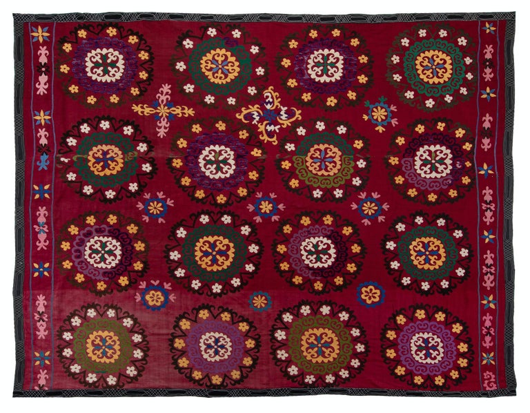 6.8x7.8 Ft Central Asian Suzani Textile, Embroidered Cotton and Silk ...
